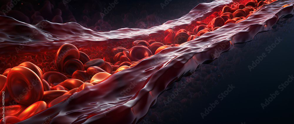 red blood cells in vein with depth of field, A blood vessel with blood ...