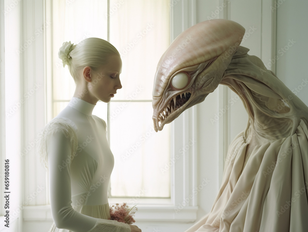Portrait of beautiful woman and alien trying to communicate Stock ...