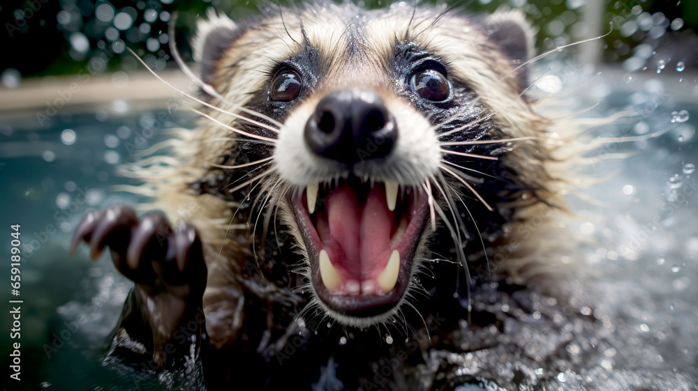 Raccoon close-up in the pool. Blur, bokeh effect. Portrait of a wet ...