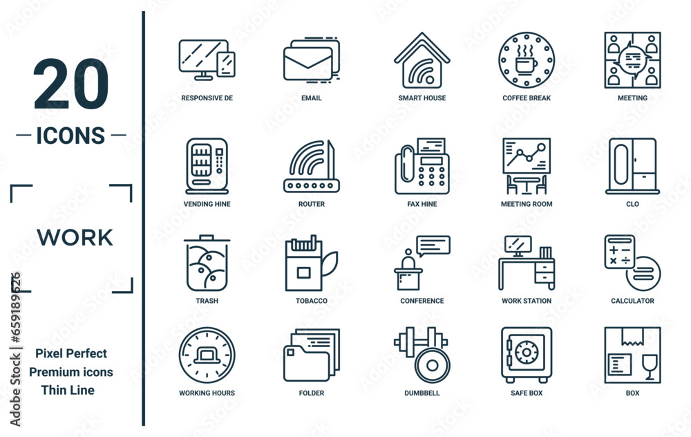 work linear icon set. includes thin line responsive de, vending hine, trash, working hours, box ...