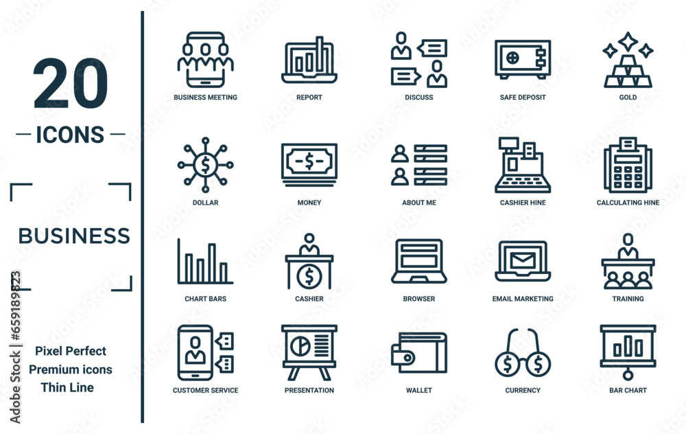 business linear icon set. includes thin line business meeting, dollar ...