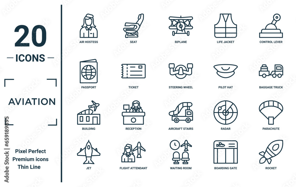 aviation linear icon set. includes thin line air hostess, passport ...