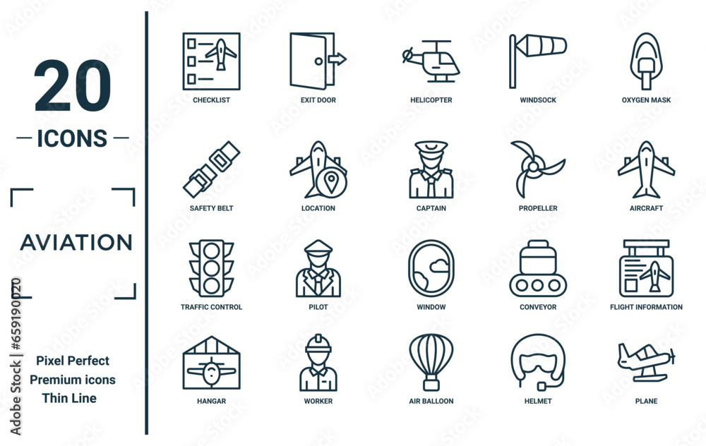 Vecteur Stock aviation linear icon set. includes thin line checklist ...