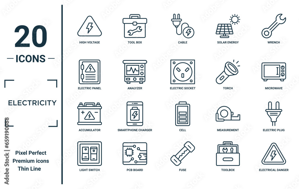 electricity linear icon set. includes thin line high voltage, electric ...