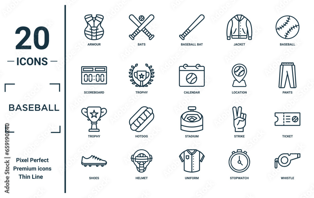 baseball linear icon set. includes thin line armour, scoreboard, trophy ...