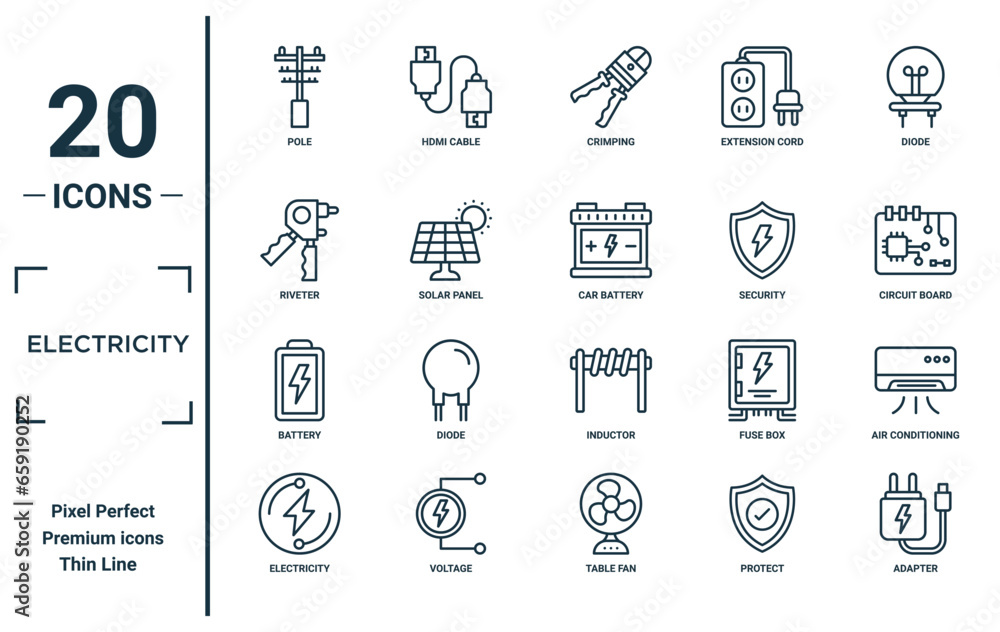 electricity linear icon set. includes thin line pole, riveter, battery ...