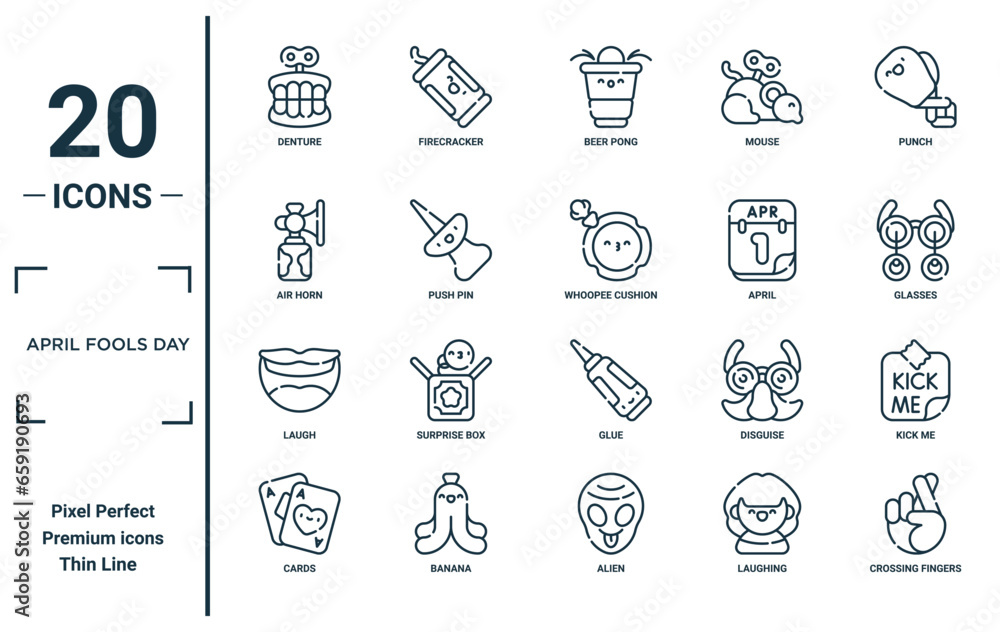april fools day linear icon set. includes thin line denture, air horn ...