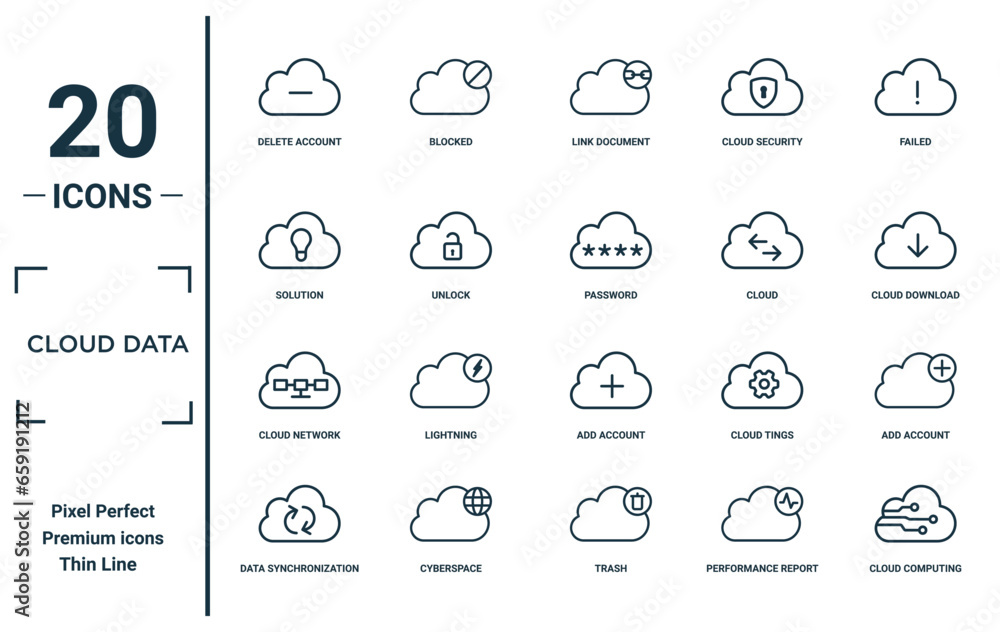 cloud data linear icon set. includes thin line delete account, solution ... cloud data linear icon set. includes thin line delete account, solution ...