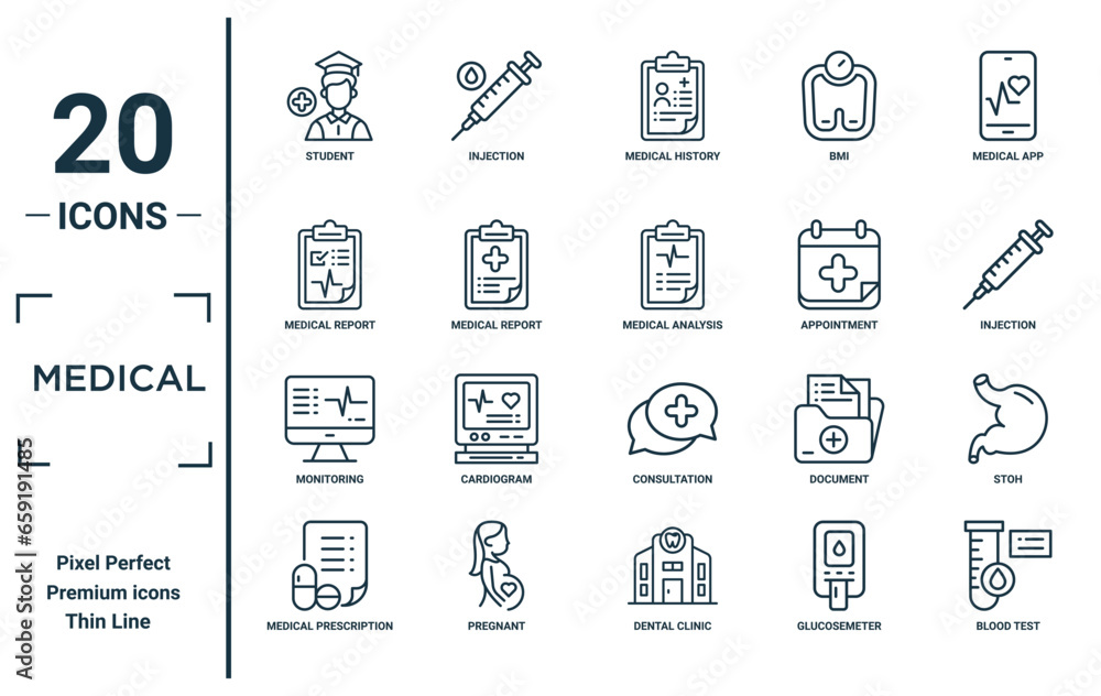 medical linear icon set. includes thin line student, medical report, monitoring, medical ...