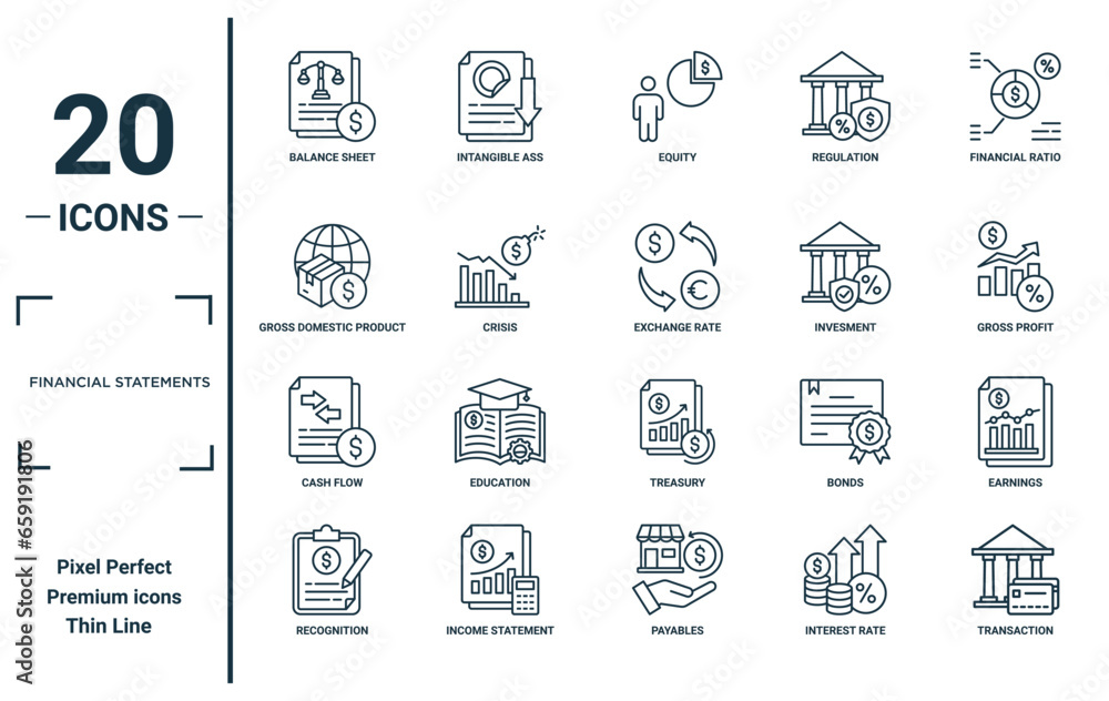 Vetor de financial statements linear icon set. includes thin line ...