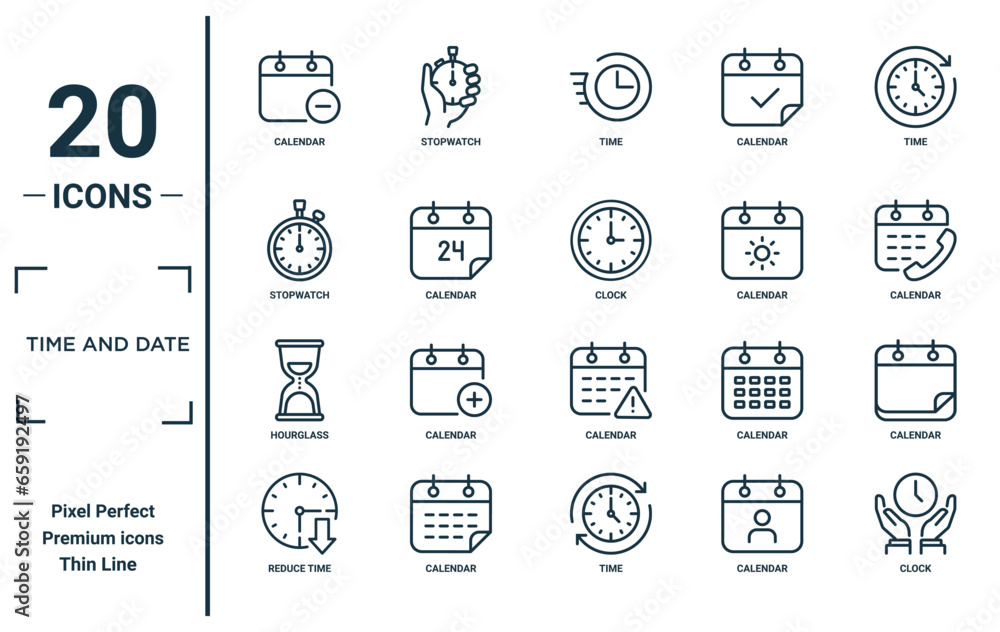 time and date linear icon set. includes thin line calendar, stopwatch ...