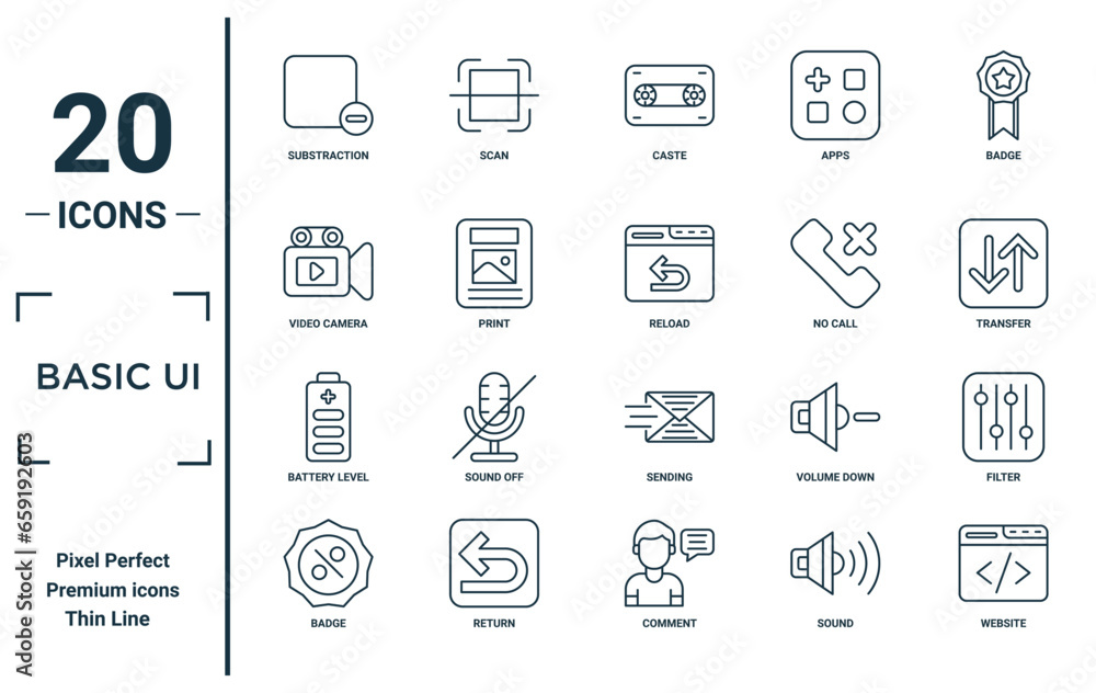 basic ui linear icon set. includes thin line substraction, video camera, battery level, badge ...