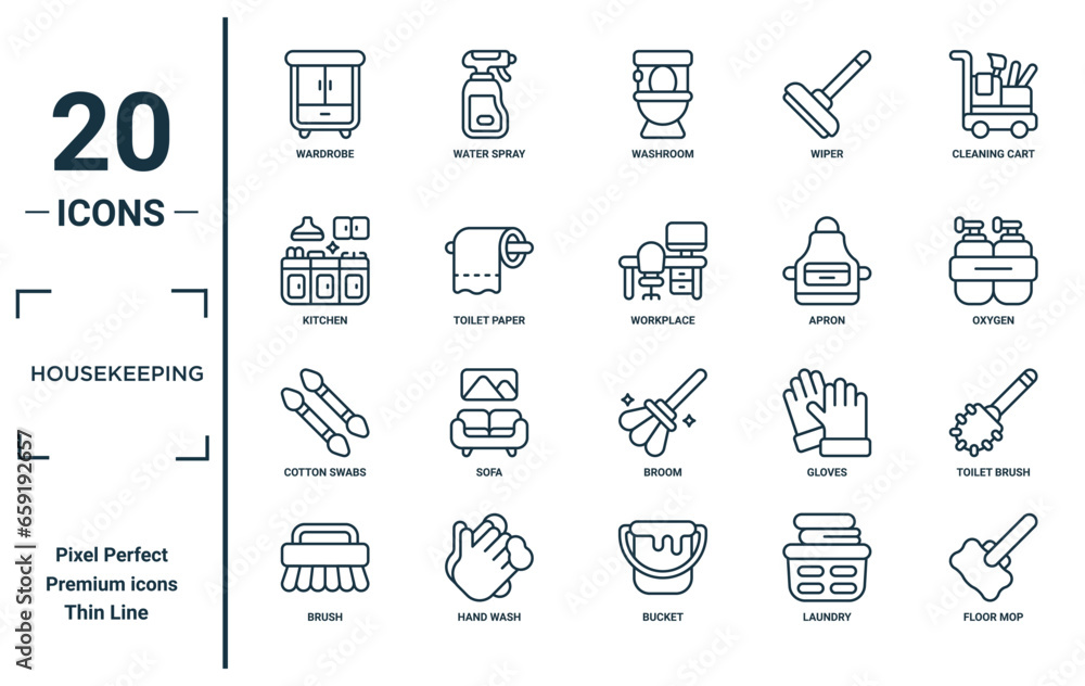 housekeeping linear icon set. includes thin line wardrobe, kitchen ...