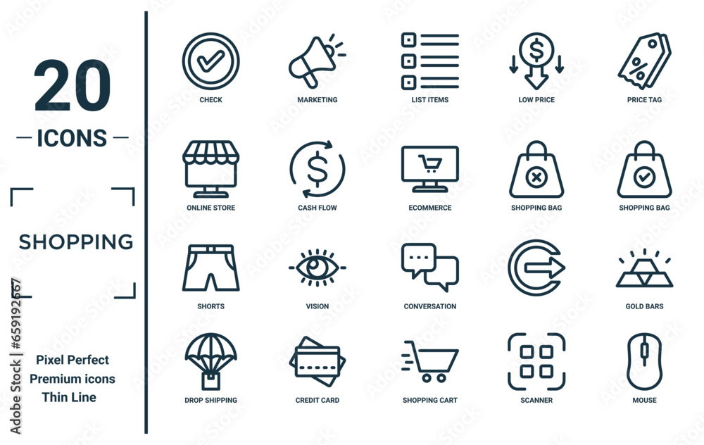 shopping linear icon set. includes thin line check, online store ...