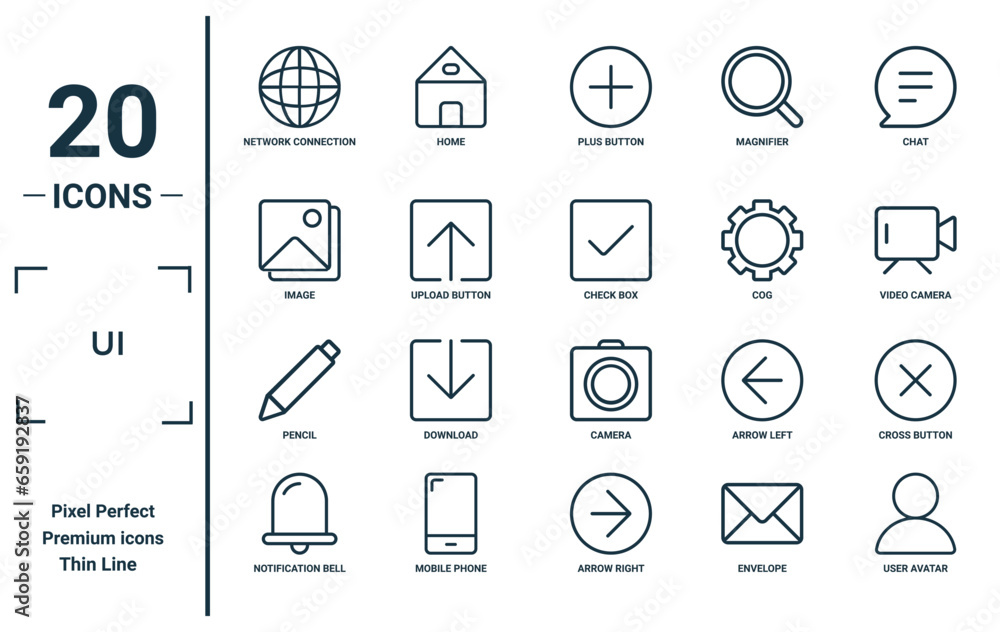 ui linear icon set. includes thin line network connection, image, pencil, notification bell ...