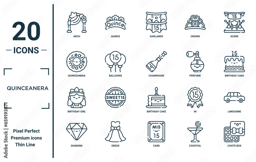 quinceanera linear icon set. includes thin line arch, quinceanera ...