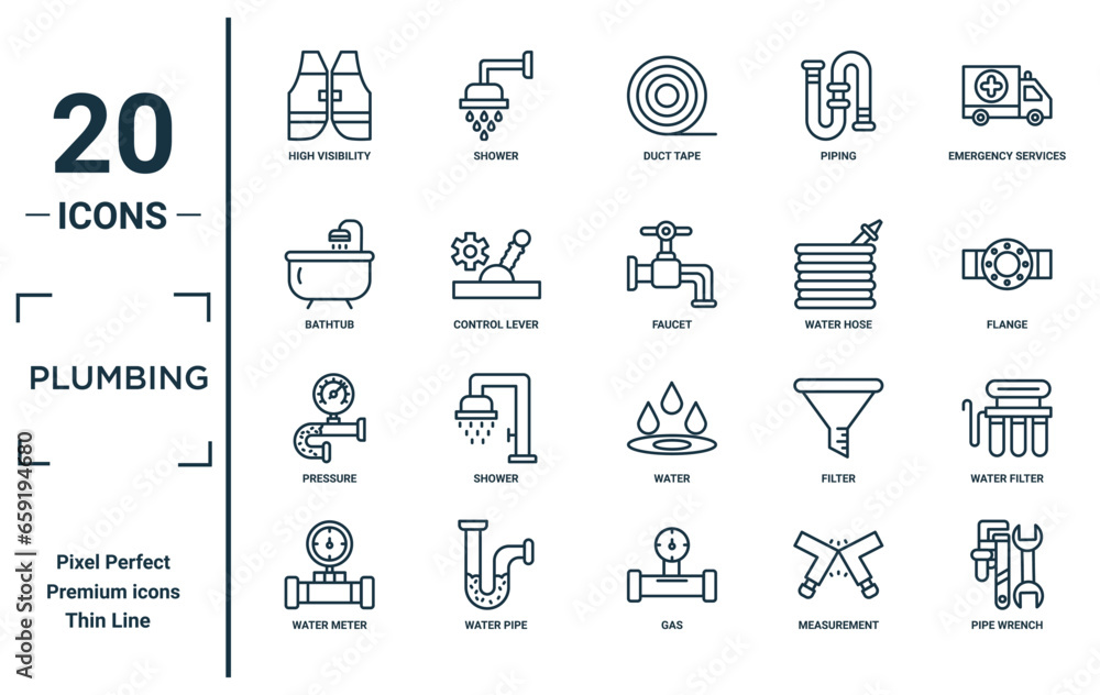 plumbing linear icon set. includes thin line high visibility vest ...