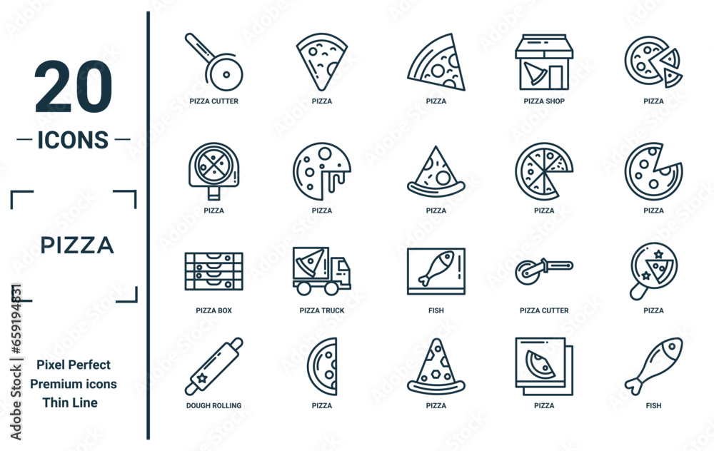 pizza linear icon set. includes thin line pizza cutter, pizza, box, dough rolling, fish, icons ...