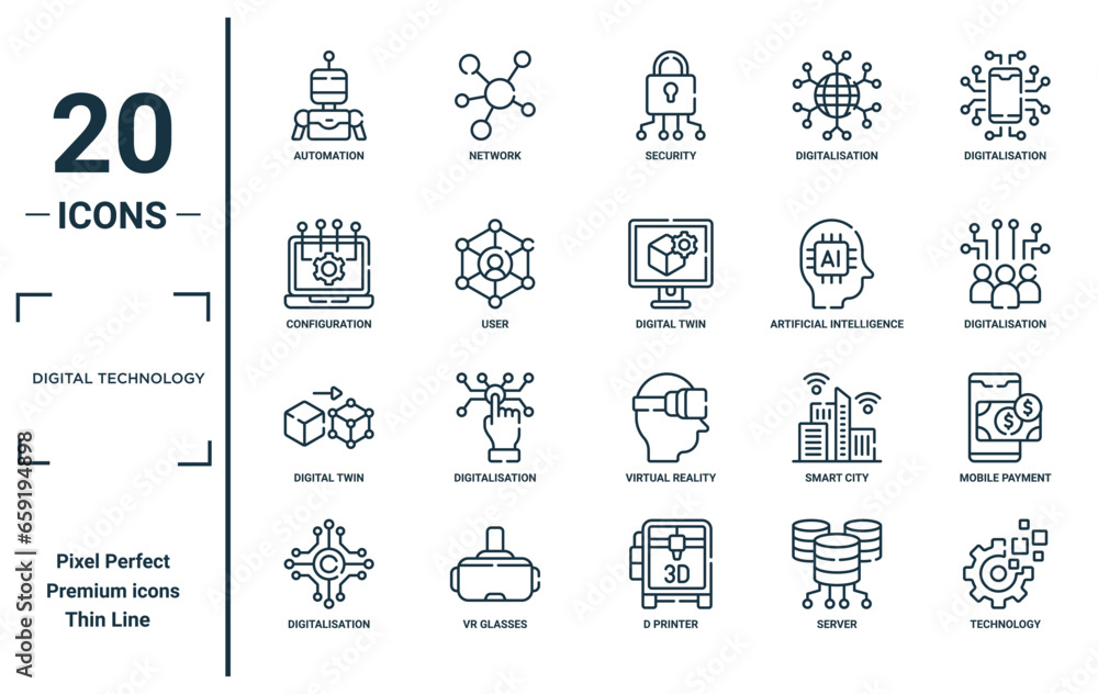 Vetor de digital technology linear icon set. includes thin line automation, configuration ...