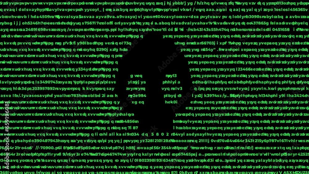 hacking screen. computer viruses. a computer screen filled with random numbers with a skull logo ...