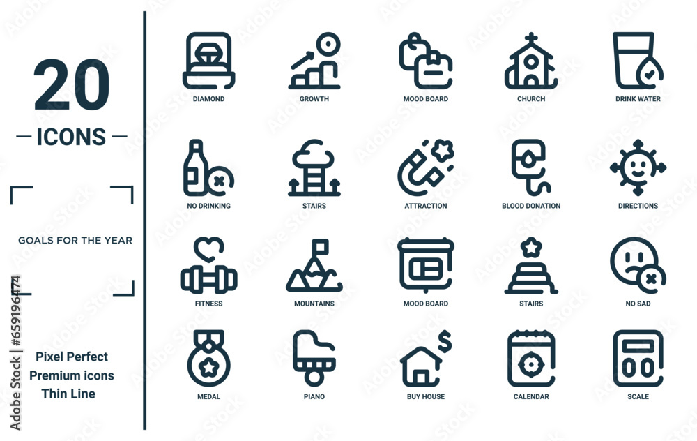 goals for the year linear icon set. includes thin line diamond, no ...