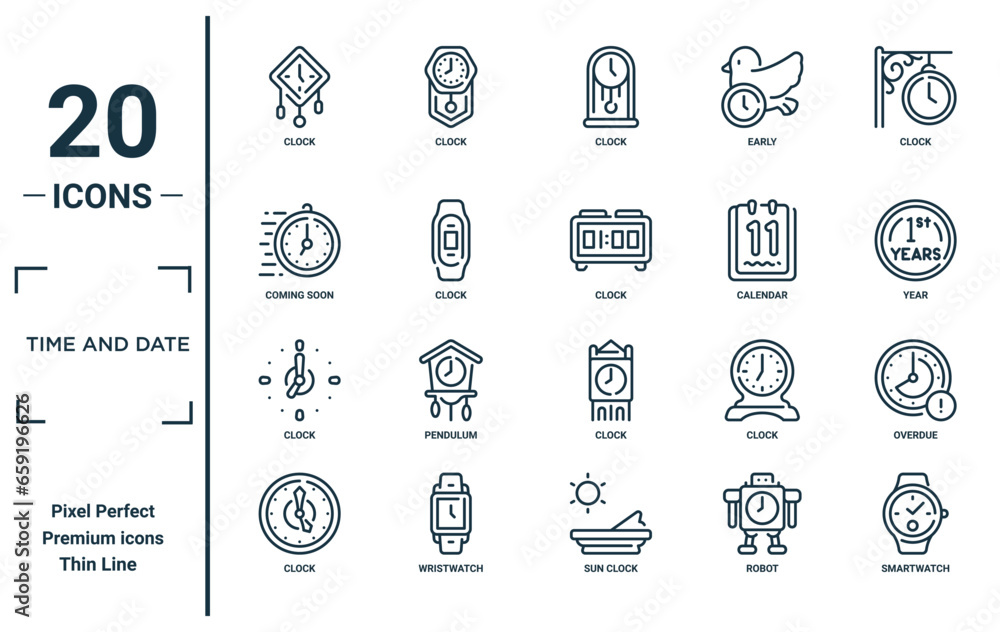 Vetor de time and date linear icon set. includes thin line clock ...
