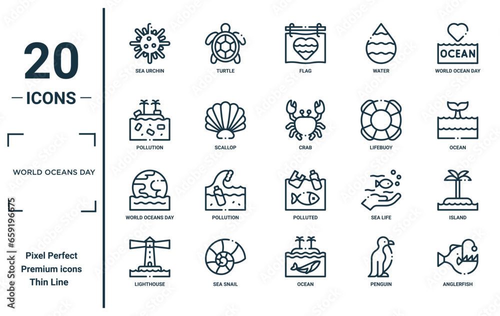 world oceans day linear icon set. includes thin line sea urchin ...