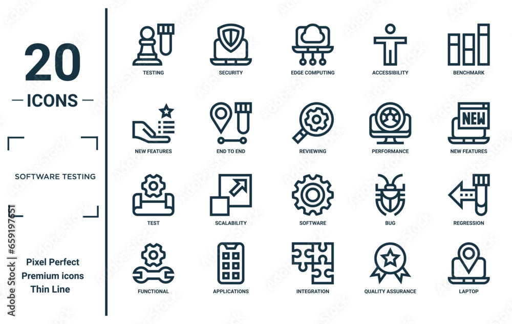 software testing linear icon set. includes thin line testing, new ...