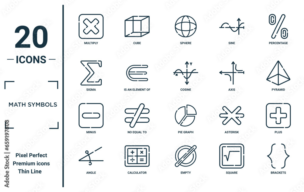 math symbols linear icon set. includes thin line multiply, sigma, minus ...