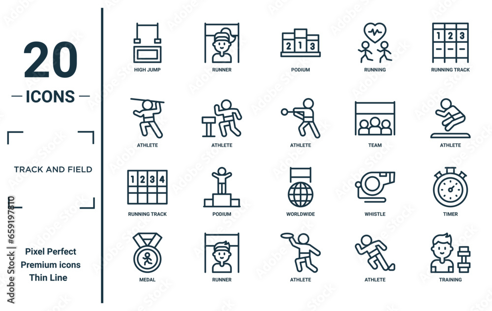 Vettoriale Stock track and field linear icon set. includes thin line ...