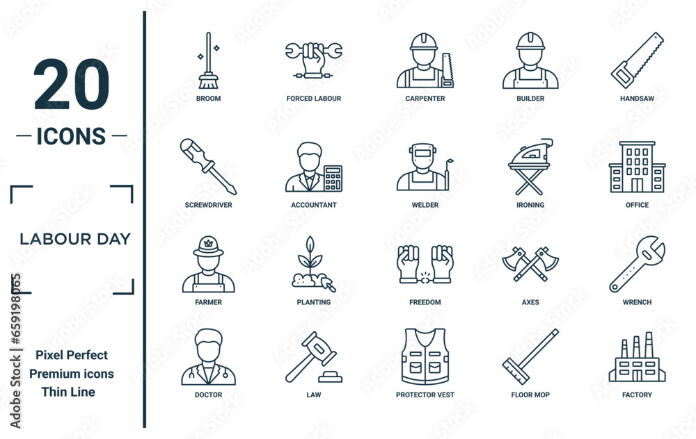 labour day linear icon set. includes thin line broom, screwdriver ...