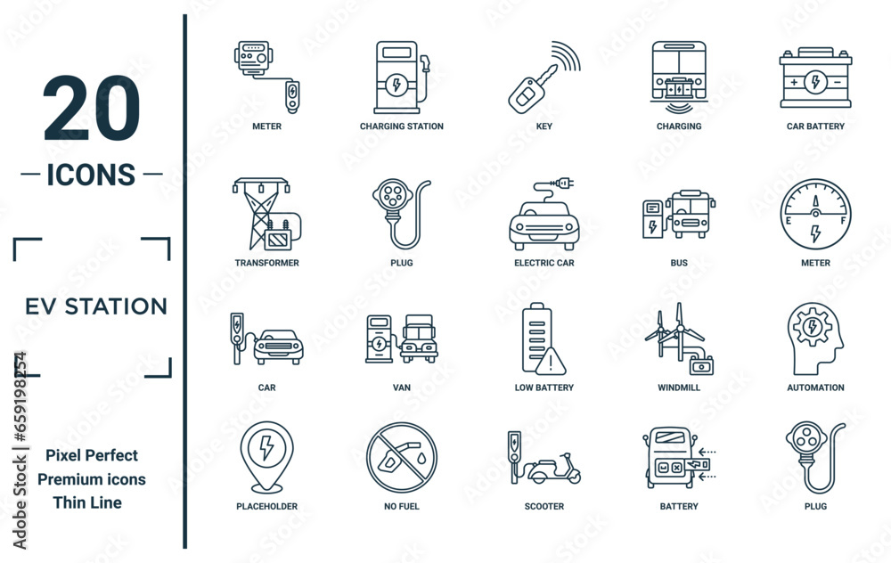ev station linear icon set. includes thin line meter, transformer, car ...