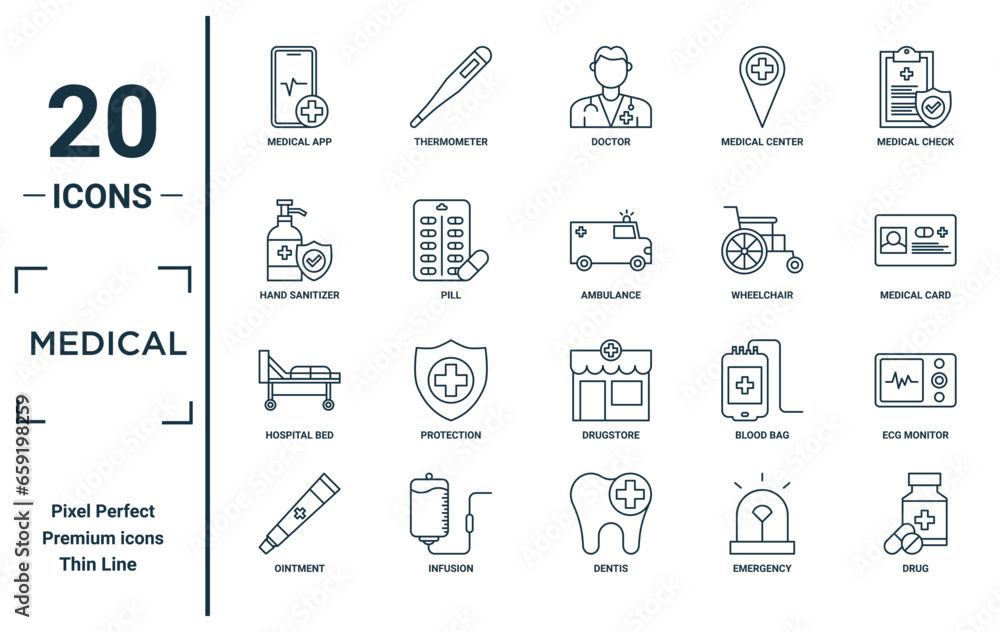 medical linear icon set. includes thin line medical app, hand sanitizer ...
