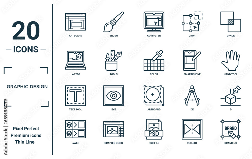 graphic design linear icon set. includes thin line artboard, laptop, text tool, layer, branding ...