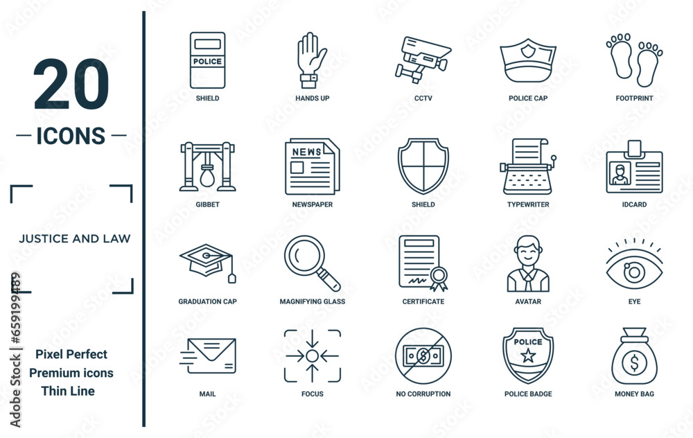 justice and law linear icon set. includes thin line shield, gibbet ...