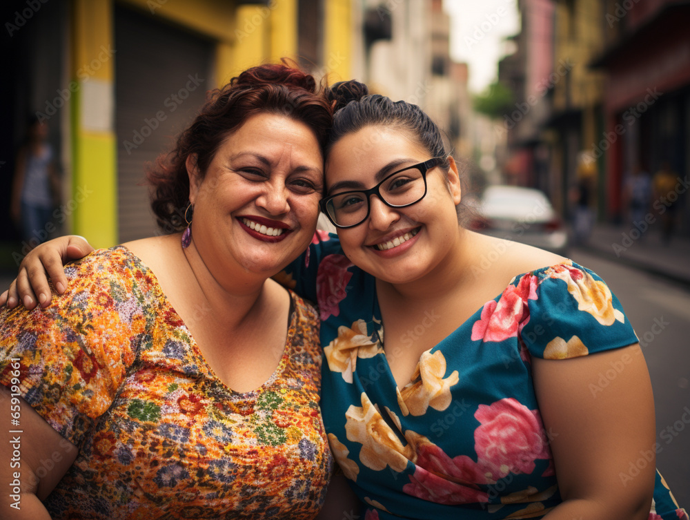 Madre e hija mexicanas, abrazadas, sonriendo, en una calle de la ciudad ...