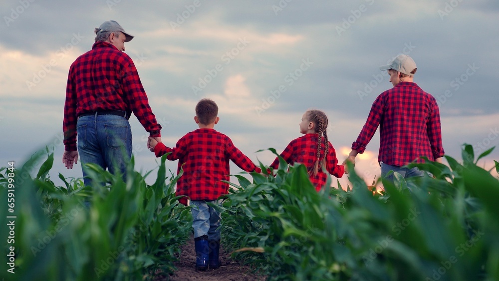 Happy family of farmers walks through field with corn sprouts. Farmers ...