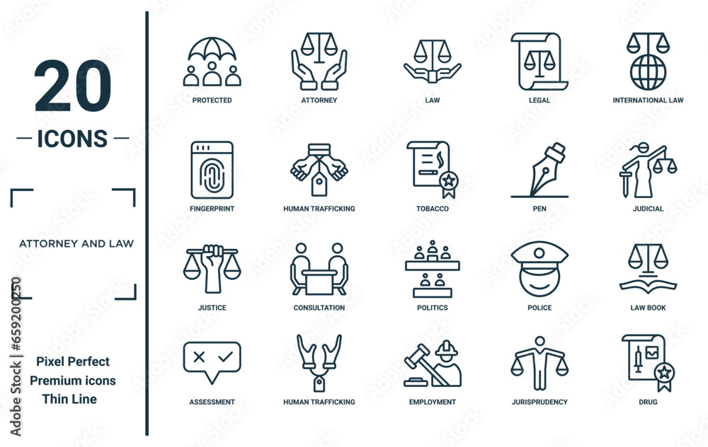 attorney and law linear icon set. includes thin line protected ...