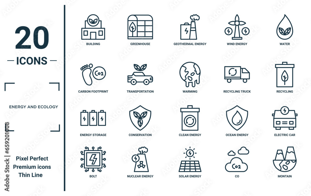 energy and ecology linear icon set. includes thin line building, carbon ...