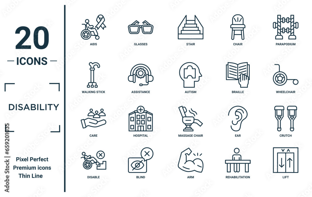 disability linear icon set. includes thin line aids, walking stick ...