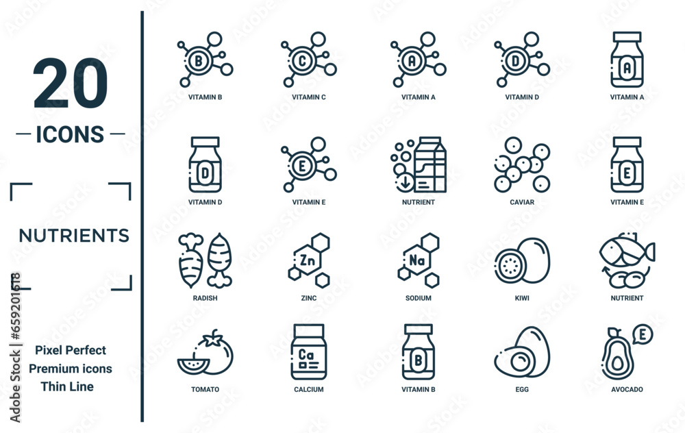 nutrients linear icon set. includes thin line vitamin b, vitamin d, radish, tomato, avocado ...