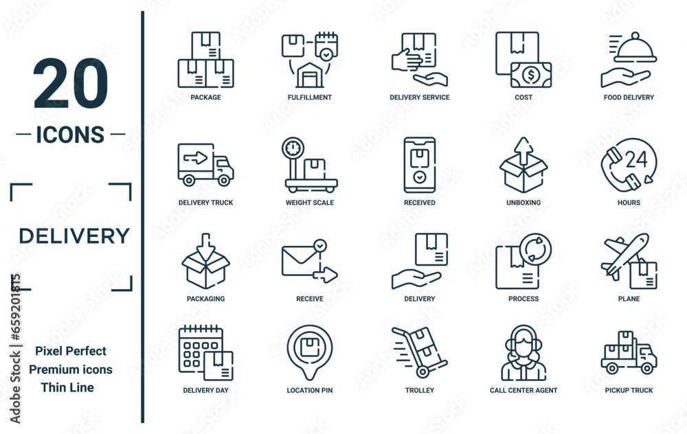 delivery linear icon set. includes thin line package, delivery truck ...