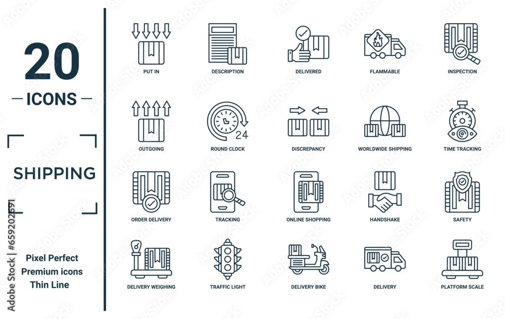 shipping linear icon set. includes thin line put in, outgoing, order ...