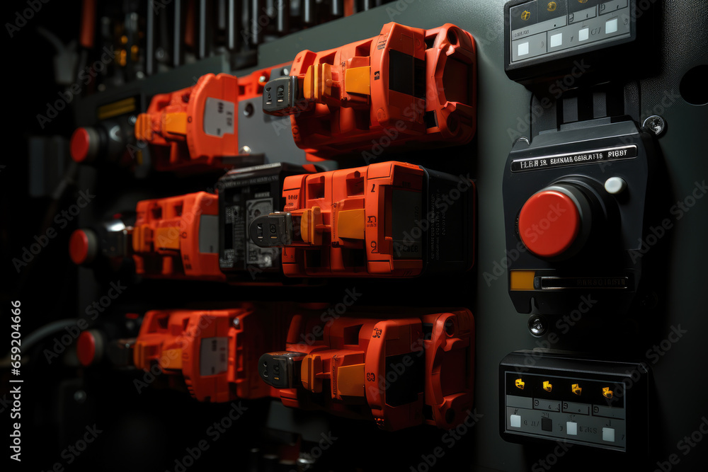 A series of switches and circuit breakers in an electrical control ...