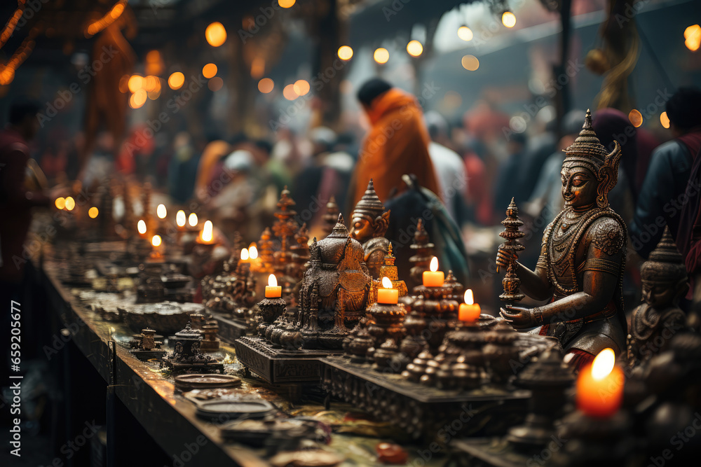 A bustling Indian marketplace with colorful displays of Hindu deities ...