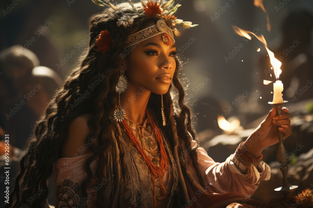 A Candomblé priestess performing a ritual dance in honor of the Orishas ...