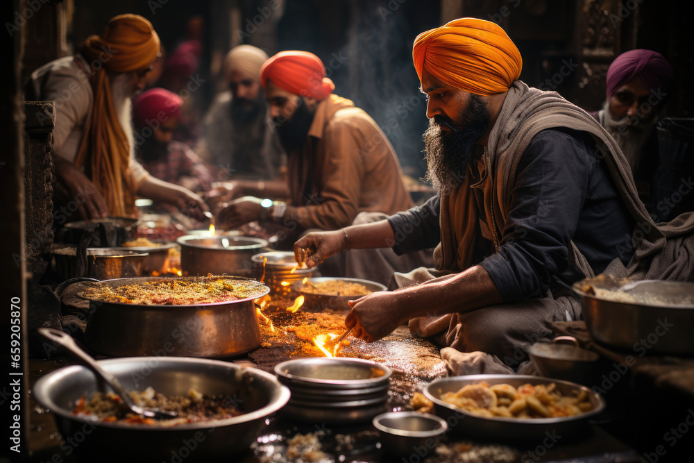 A Sikh langar, where volunteers serve free meals to all, demonstrating ...
