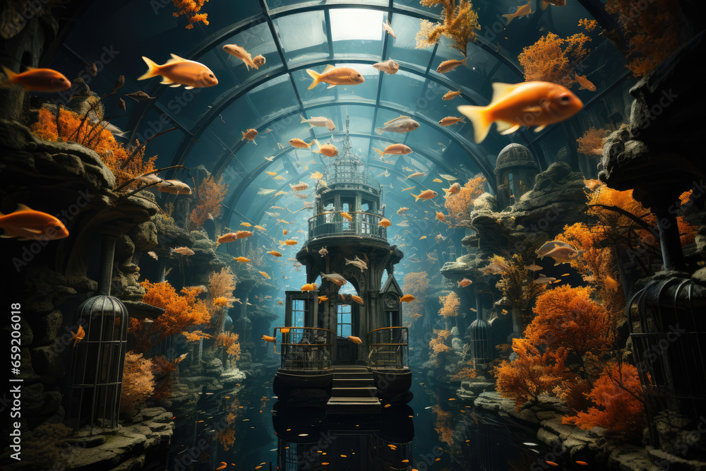 A surreal underwater scene with flying fish and submerged bicycles ...