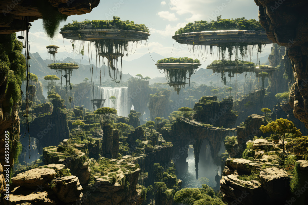 A surreal landscape with floating islands and upside-down waterfalls ...