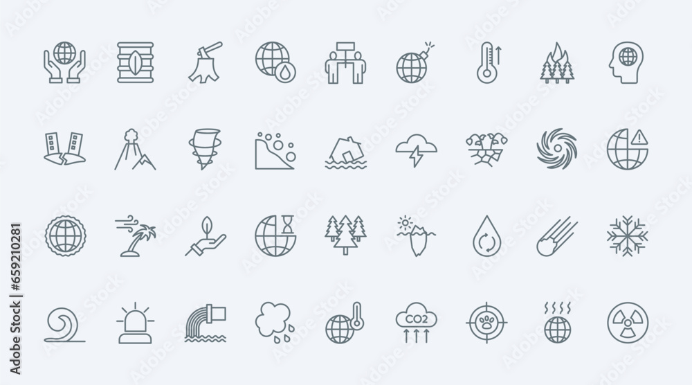 Global environment disasters due to climate change thin line icons set ...